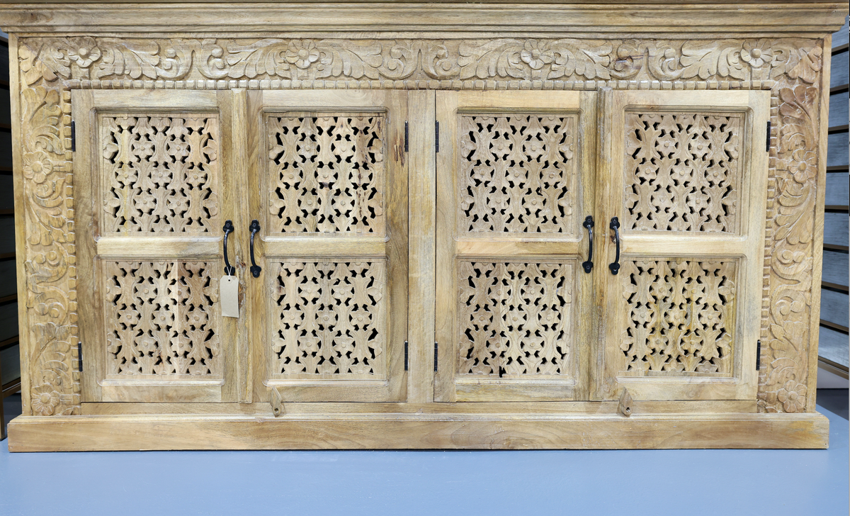 Large artisan hand carved 4 door ornate solid wood sideboard cabinet ...