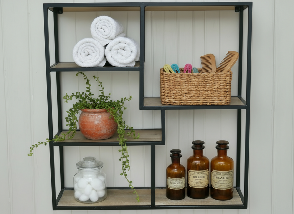 Square wood & black metal display wall shelving unit|Multi compartment ...