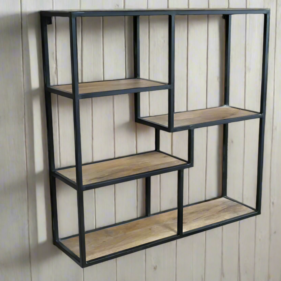 Square wood & black metal display wall shelving unit|Multi compartment ...